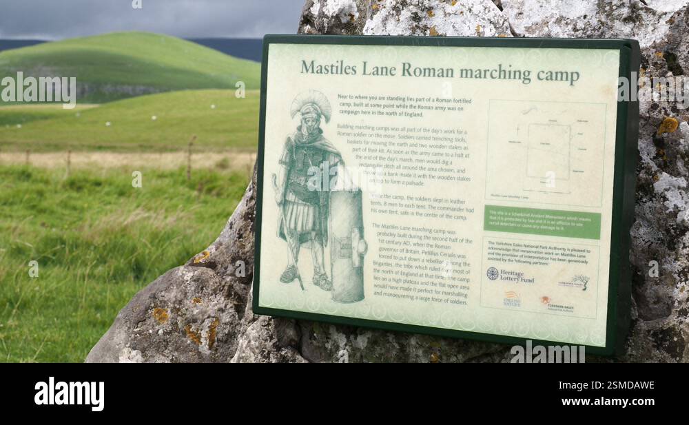 A sign about the Roman marching camp on Mastile Lane above Malham ...