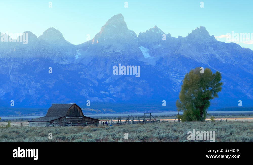 Mormon Row Moulton Barns cool blue tones Grand Teton National Park wind ...