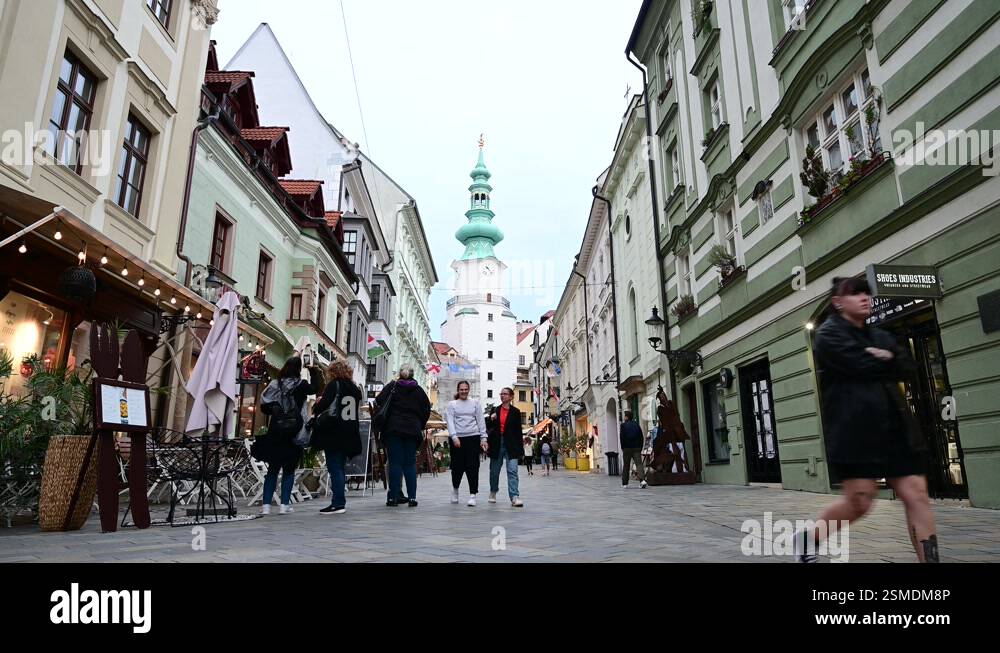 Bratislava, Slovakia: People walking on Michalska street Stock Video ...