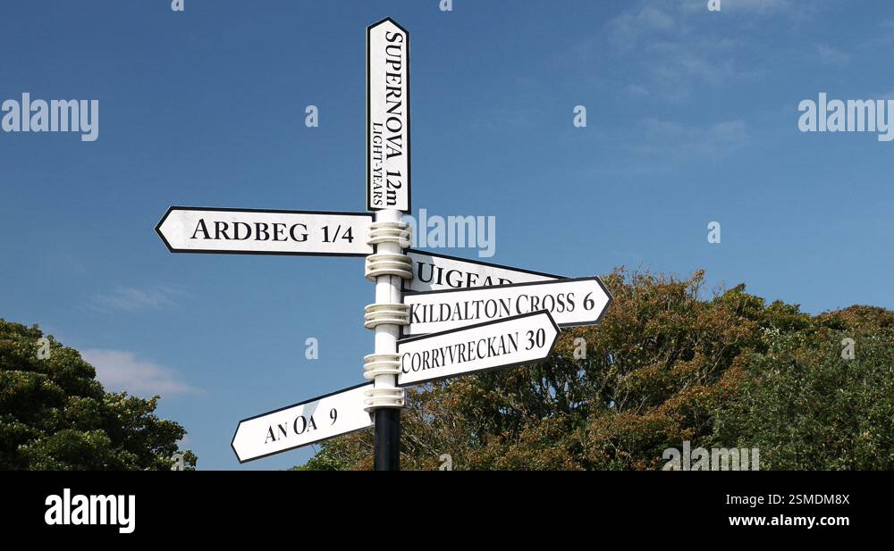 A road sign in Ardbeg near Port Ellen on Islay, Inner Hebrides ...