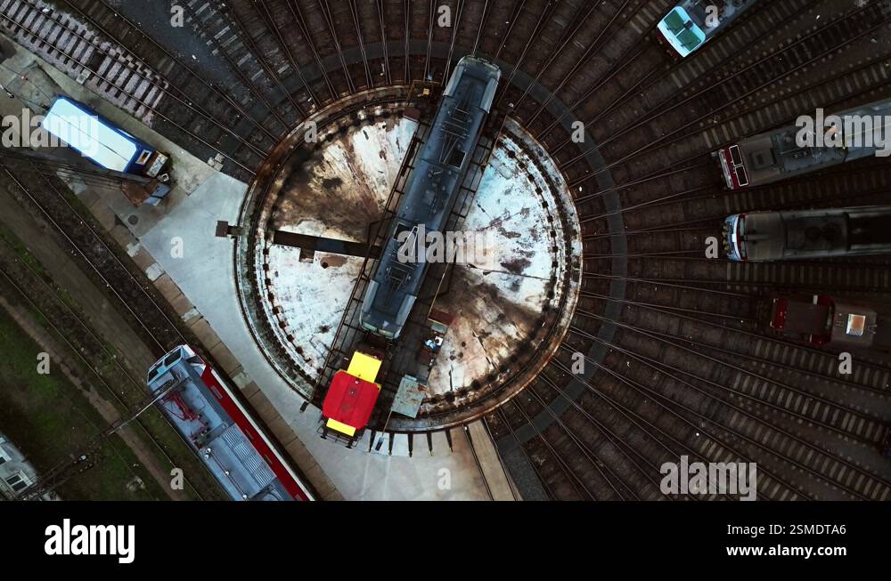 Railway turntable for locomotives - Aerial clip. Top shot of railway ...