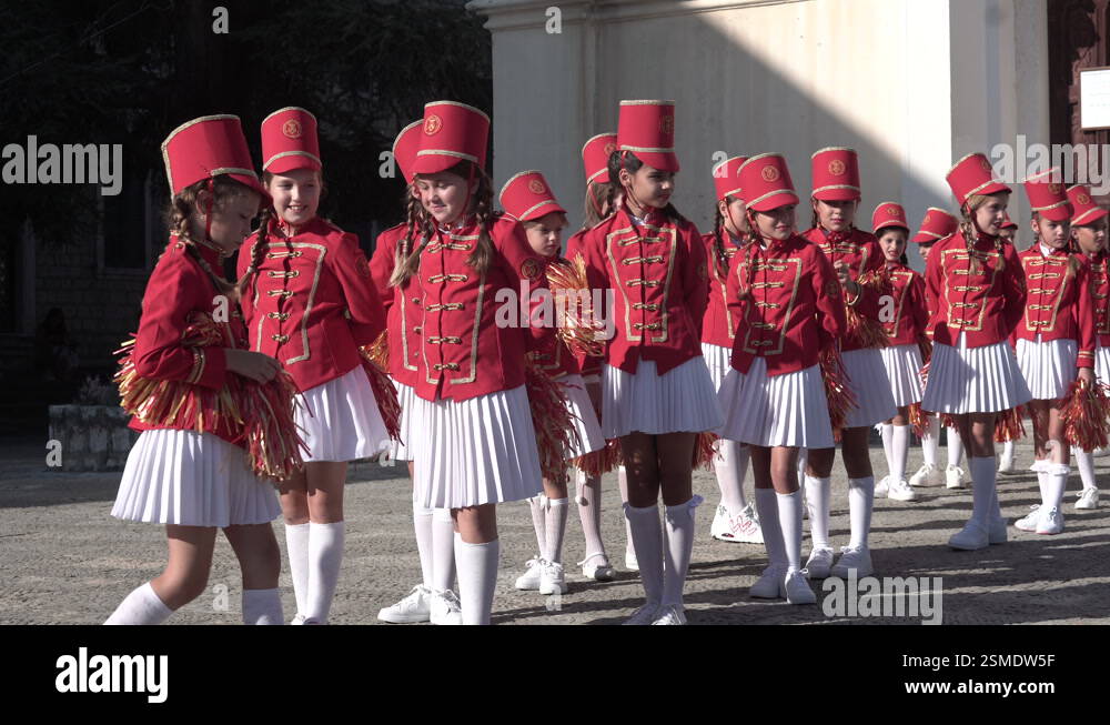 Girls in Majorette in Red Uniforms Preparing For Ceremony Practice ...