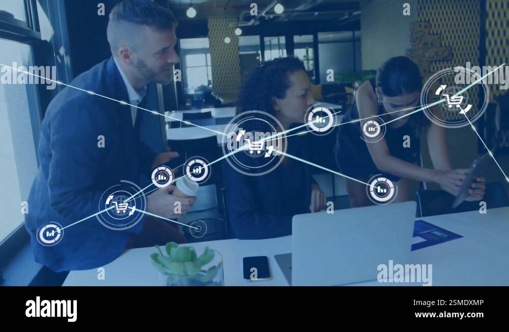 Animation of connected icons over diverse man with coffee cup looking ...