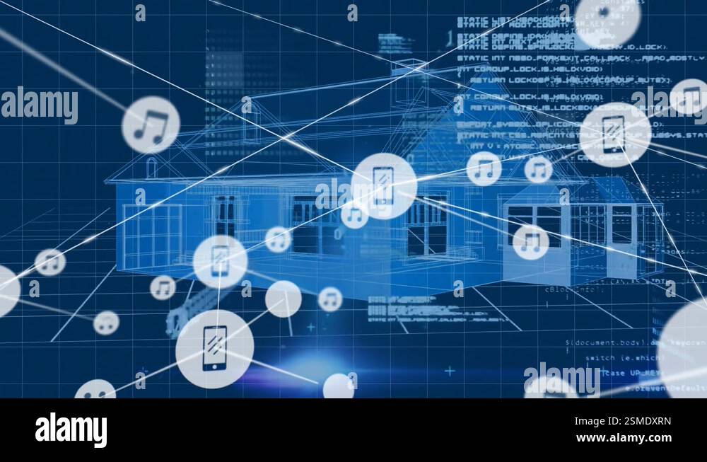 Animation of connected icons and computer language over 3d model of ...