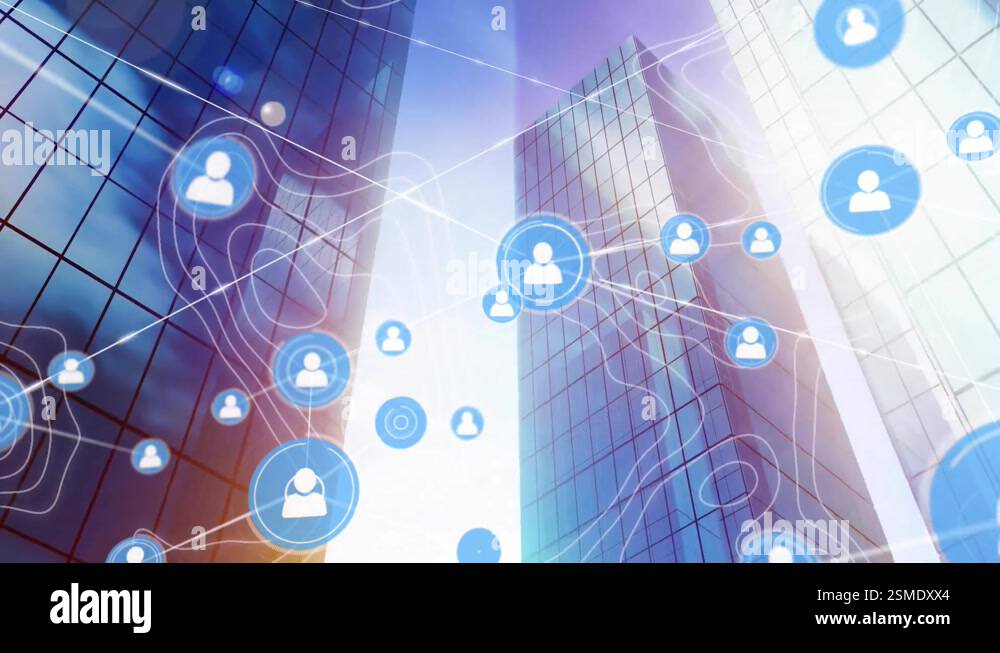 Animation of connected icons and circular pattern over lens flares and ...