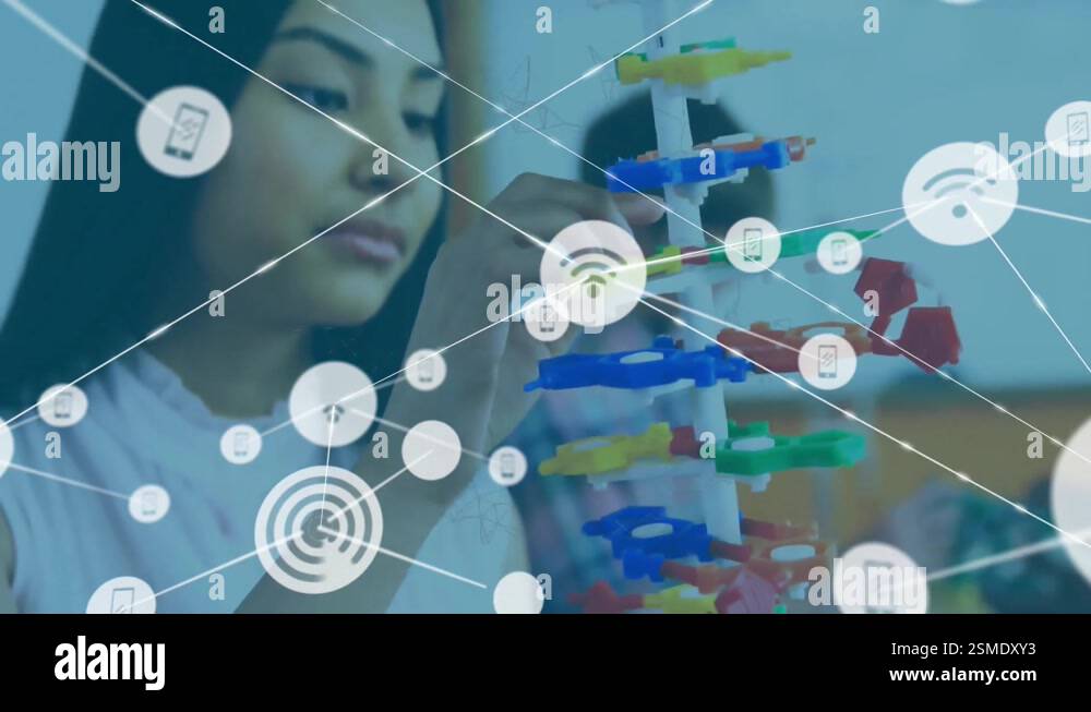 Animation of connected icons over biracial girl playing with legos in classroom Stock Video ...