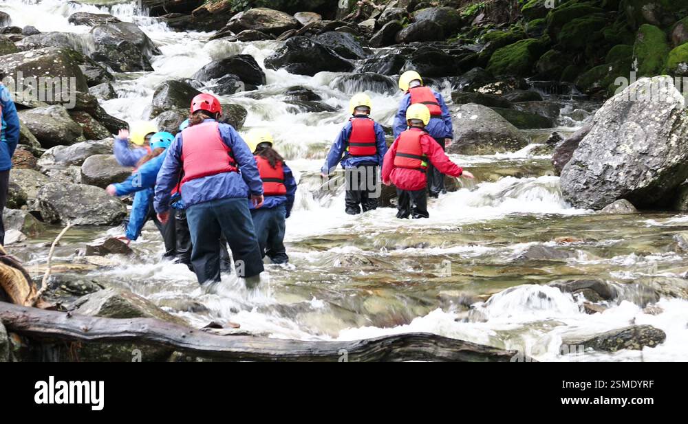 A group of children on an adventure trip, exploring the river in ...