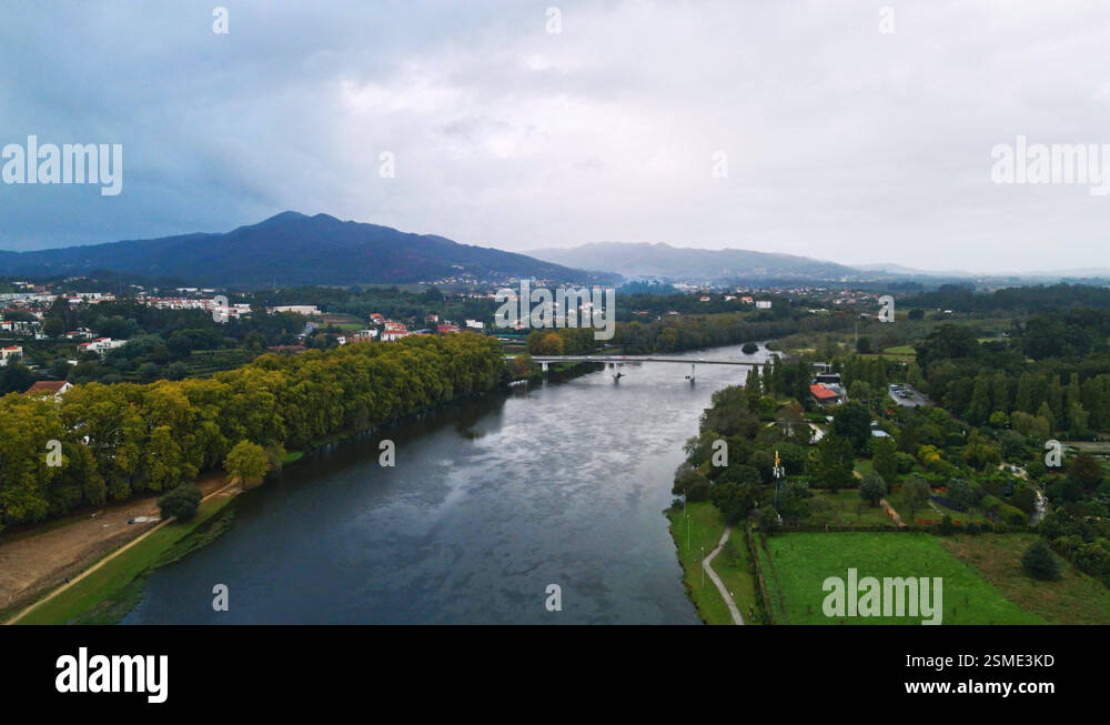 Stunning aerial 4K drone footage of a Ponte de Lima and its river the ...