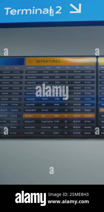 Airport Terminal: Man with Phone Checks Information on Digital Flight ...