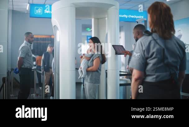 Airport Terminal: Family with Two Kids Walking Through Metal Detector ...