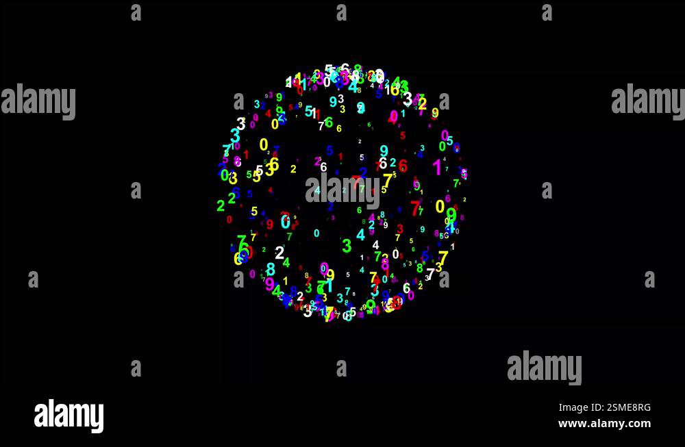 Spinning 3d sphere with colorful digital numbers on plain black ...