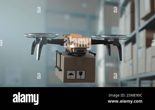 Modern Warehouse Facility: Unmanned UAV Drone Delivering Cardboard Box ...
