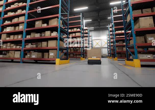 Logistics Distribution Center: Automated Guided Vehicles Transporting Cardboard Boxes in Modern ...