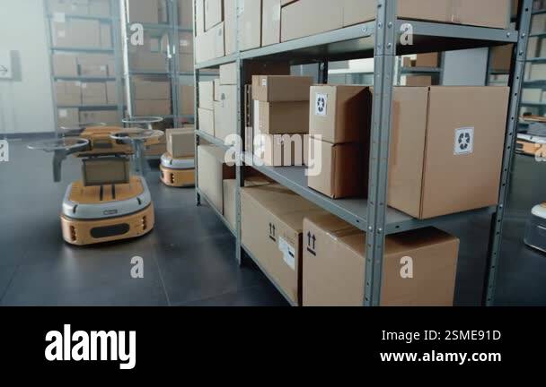 Warehouse Facility: Unmanned AGV Robots and Drones Carrying Cardboard Boxes in Logistics ...