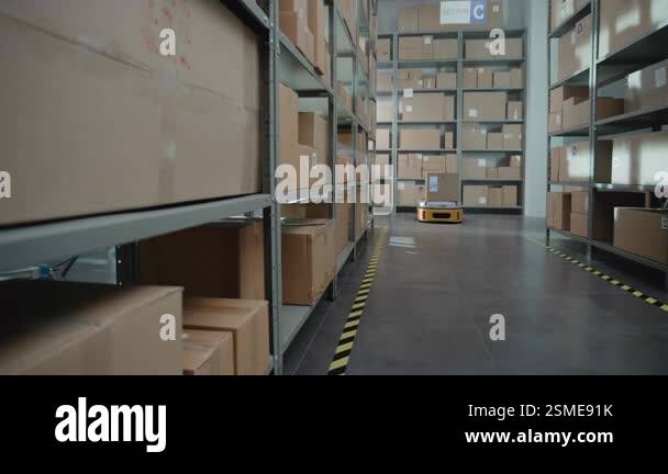 Logistics Distribution Center: Automated Guided Vehicles Transporting Cardboard Boxes in Modern ...