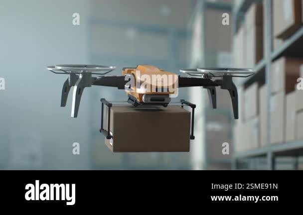 Logistics Distribution Center: UAV Drone Carrying and Delivering Cardboard Box with Products ...