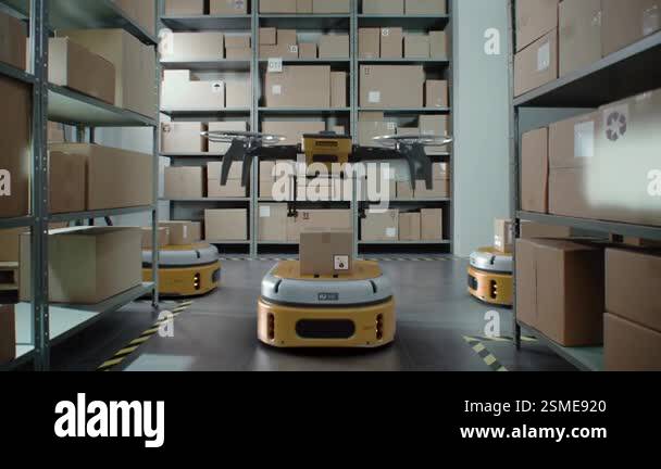 Warehouse Facility: Unmanned AGV Robots and Drones Carrying Cardboard Boxes in Logistics ...