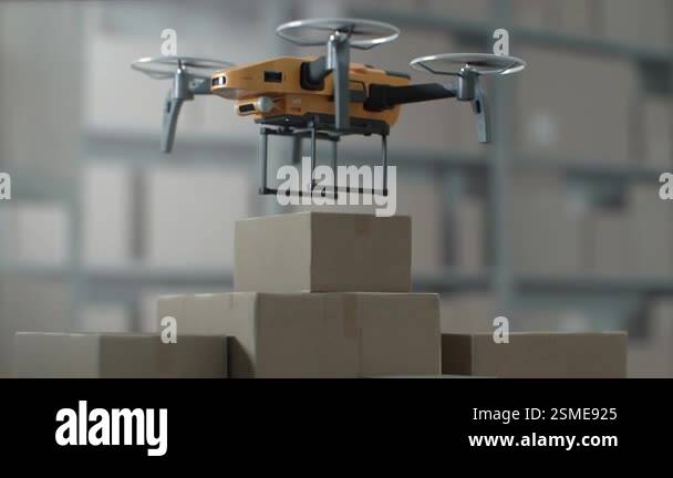 Modern Warehouse Facility: Unmanned UAV Drone Delivering Cardboard Box ...