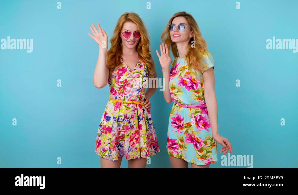 Friends, woman showing handshake gesture, hello hi, smiling friendly ...