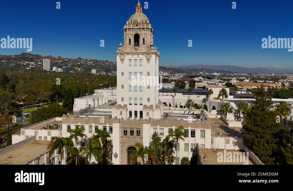 The Tower of Beverly Hills City Hall from above - Los Angeles Drone ...