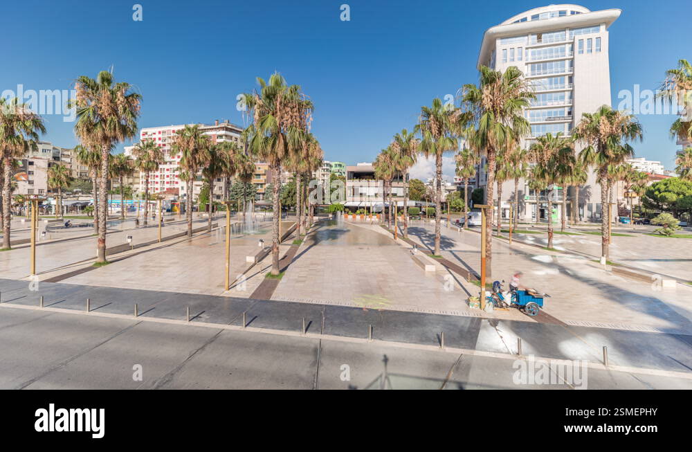 Panorama showing aerial view of the fountains and palms on the main ...