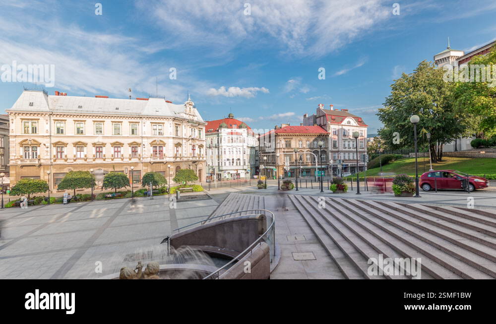Panorama showing Sulkowski Castle and fountain on Chrobry Square in ...