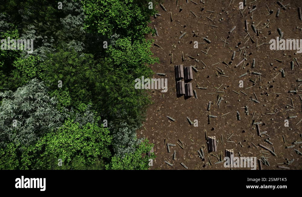Deforestation seen from a high angle, logs and trucks loaded with wood ...