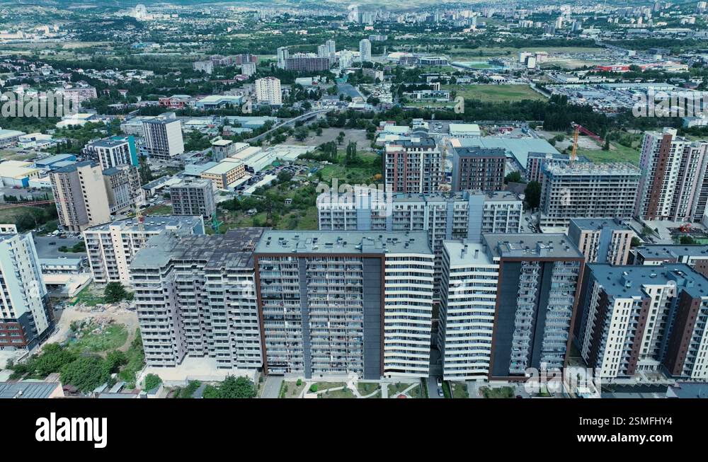 Aerial view of dense urban development with closely packed buildings ...