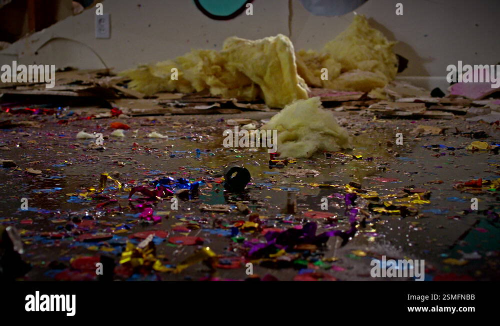 Dirty floor covered in dry wall and confetti after a house party has ...