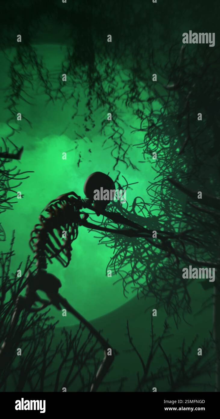 Vertical Skeleton Walk in Haunted Forest Green Haze 4K Loop Stock Video ...