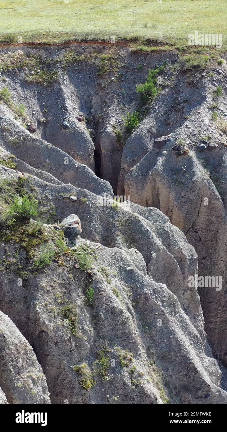 Vertical aerial video view from drone of river Chuya Pillars in Altai ...