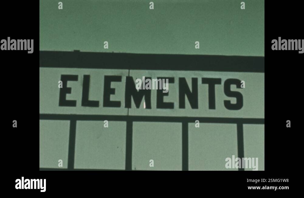1950s: word "ELEMENTS" above empty black squares, simple periodic table ...