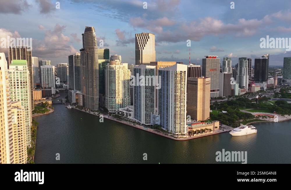Miami, United States - 06/17/2024: Aerial establishing shot of golden ...