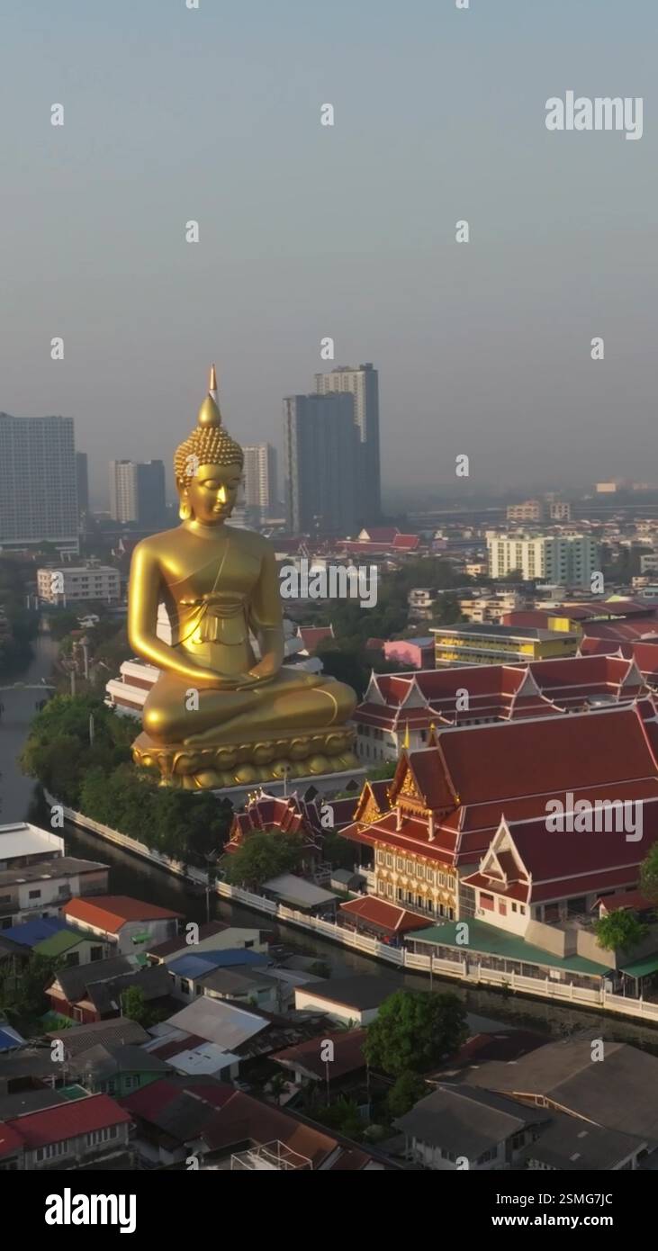 An aerial view of the Giant Buddha and Pagoda at Wat Paknam Phasi ...