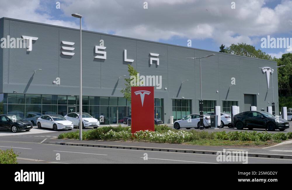 Exeter, United Kingdom (UK) - 07/05/2024: Tesla dealership with many ...