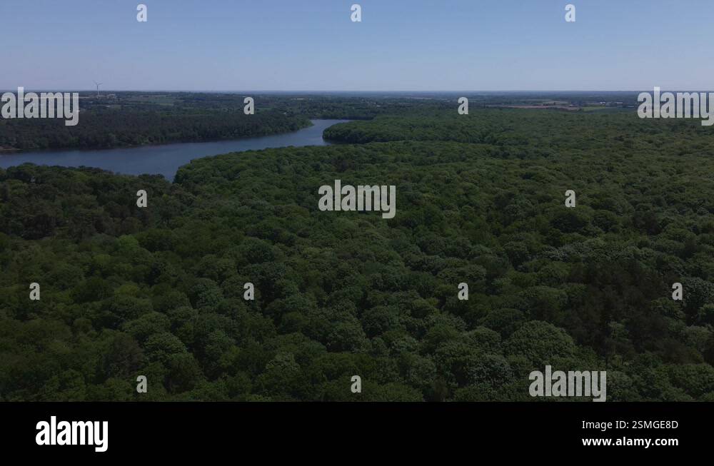 Broceliande forest with river and lake, Brittany in France. Aerial ...