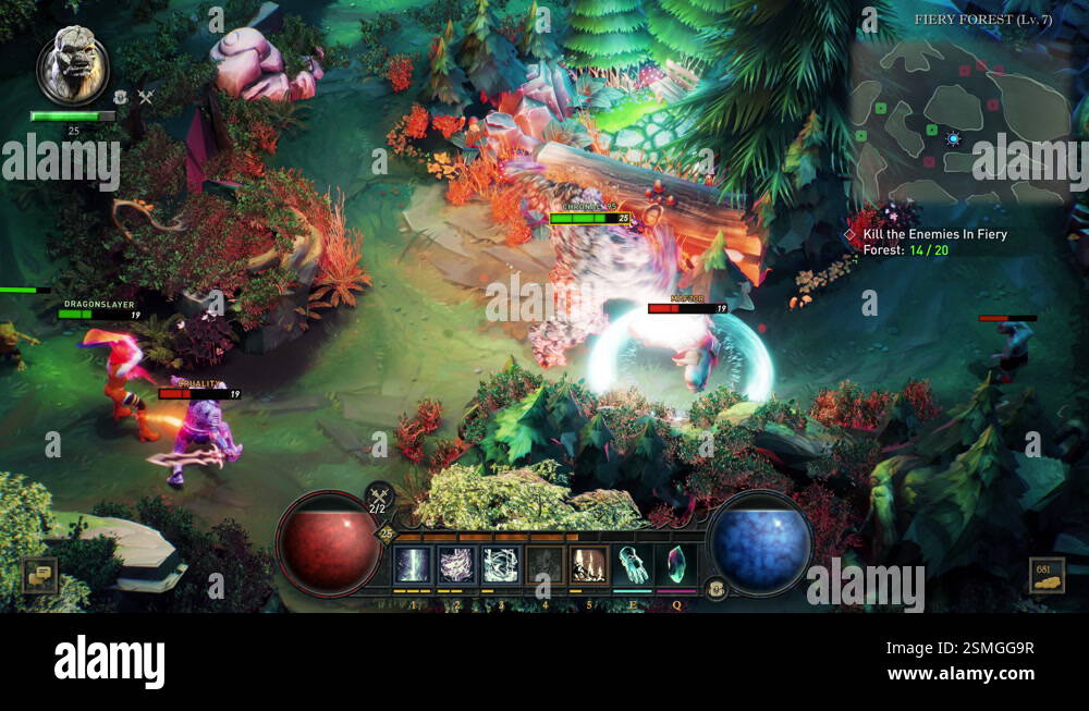 Monster character eliminating enemies in the fantasy game level on a ...