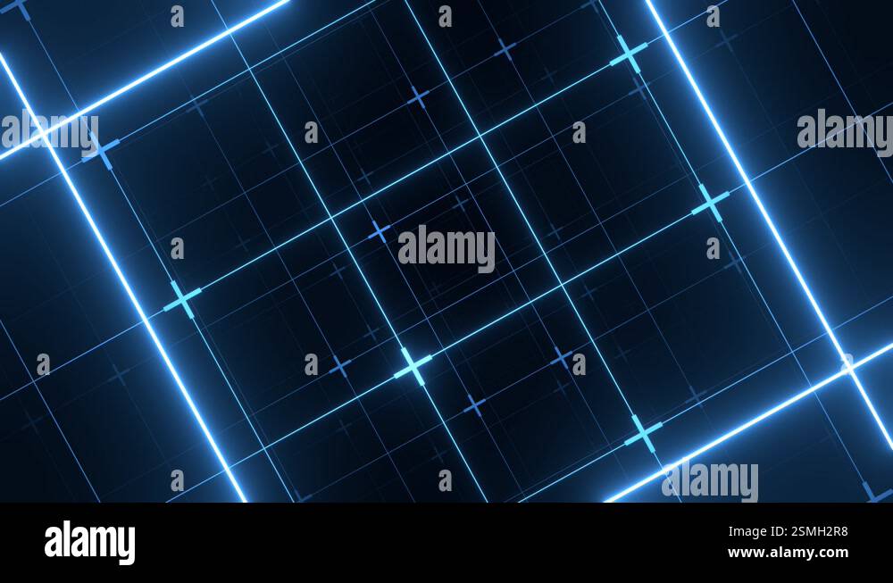 Flying Through a Neon Grid: Futuristic Blue Glowing Square Grid in 3D ...