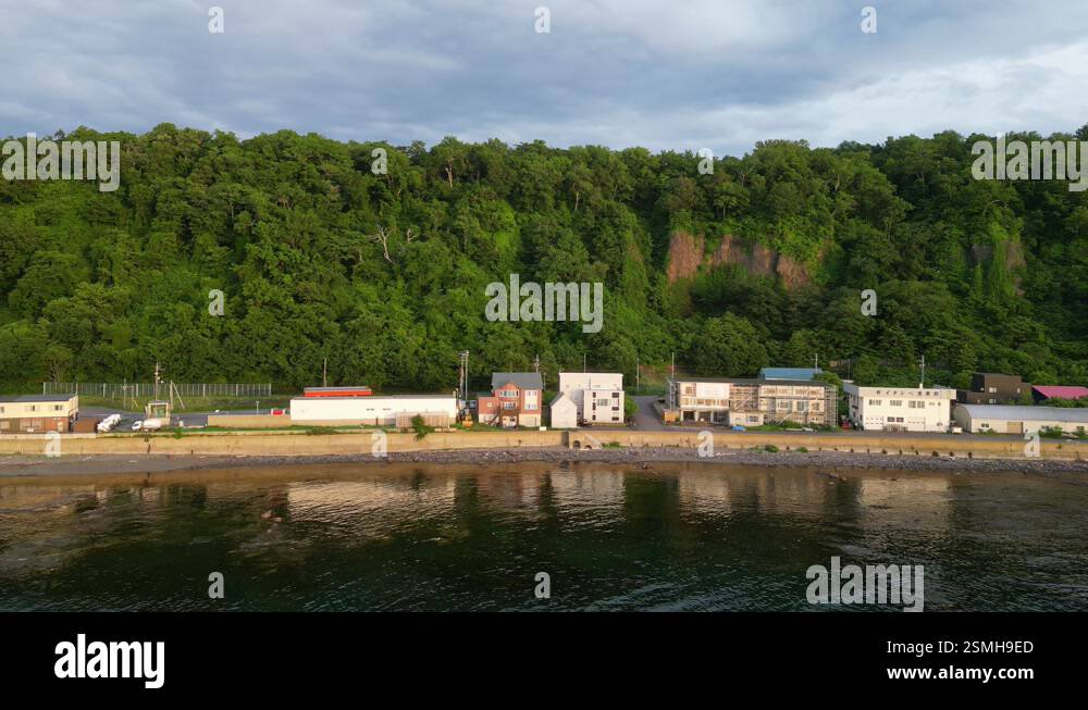 Aerial of Utoro port at sunset in the Shiretoko in Hokkaido in Japan ...