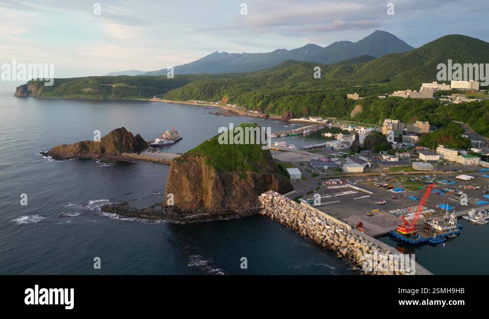 Aerial of Utoro port at sunset in the Shiretoko in Hokkaido in Japan ...