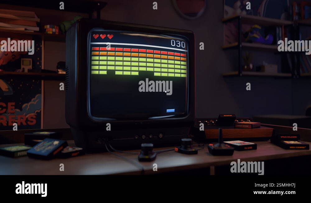 Playing the retro arcade console game on the nostalgic tv from the ...