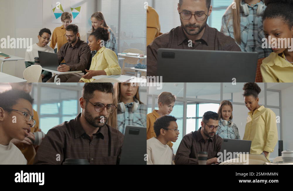 Split screen of Teacher Working on Laptop with Teenage Schoolchildren ...