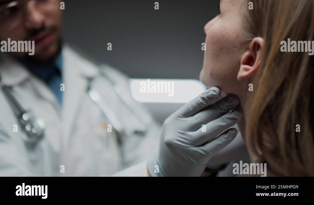Doctor in Gloves Palpating Female Patients Lymph Nodes on Neck Stock ...