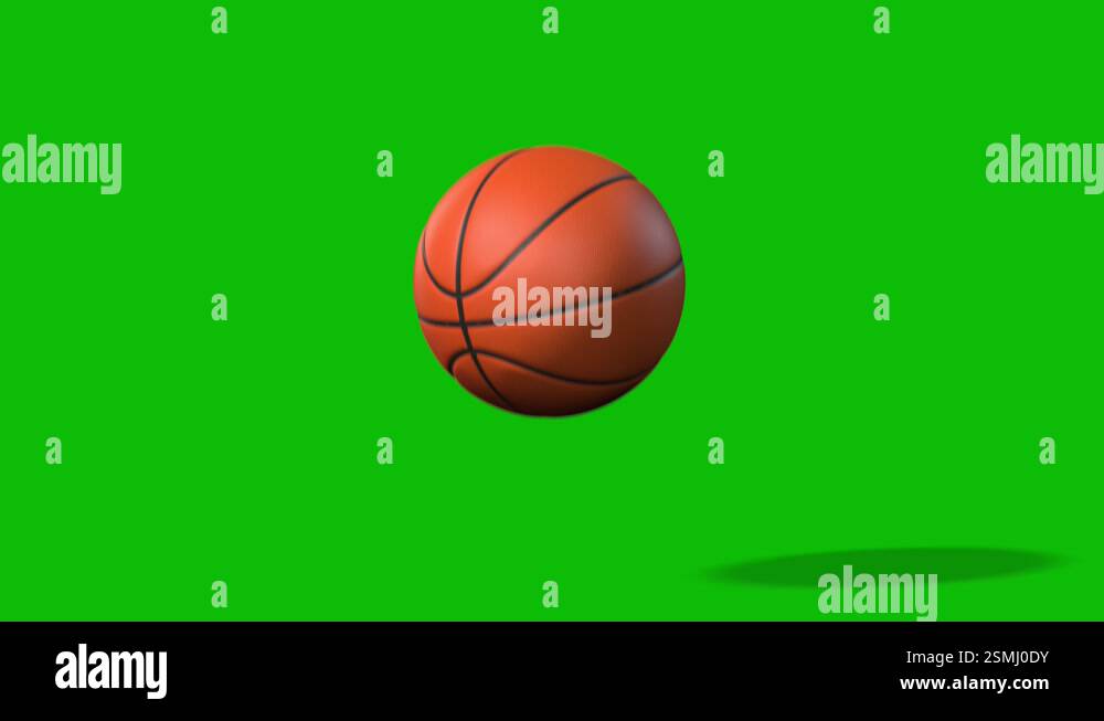 Basketball falling and bouncing on green screen 3D animation, closer ...