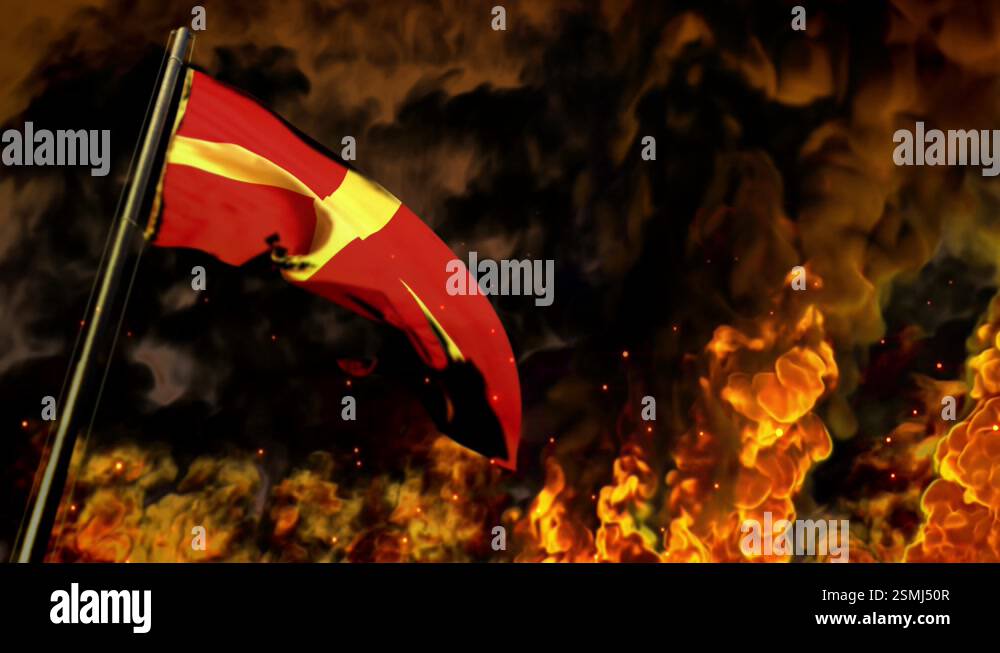 waving Denmark flag on burning fire background - catastrophe concept ...