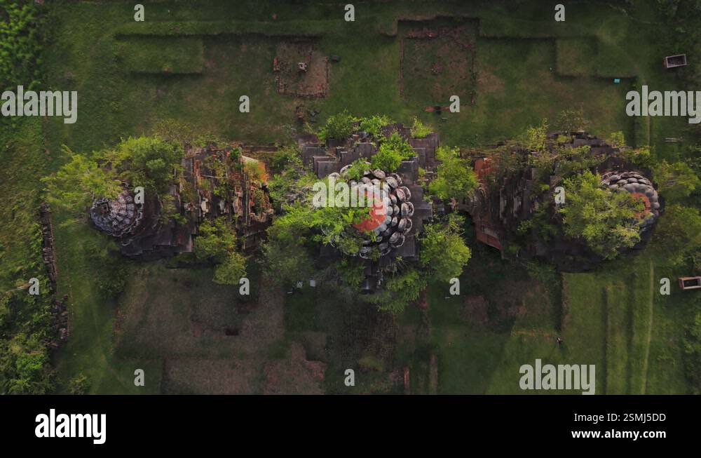 Cham temple towers, Duong Long, Vietnam. Drone birds eye lift above the ...