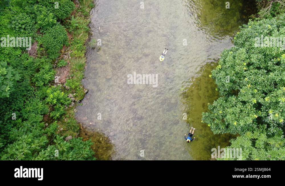 A valley where clear water flows to swim coolly in the hot summer,drone ...