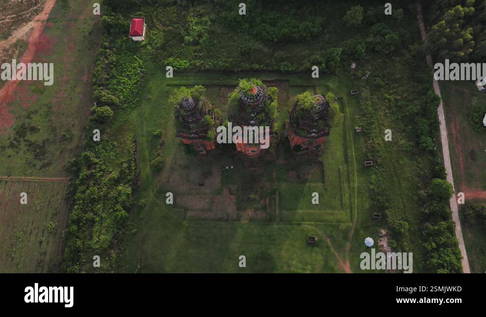 Cham temple towers, Duong Long, Vietnam. Drone rotate birds eye reveal ...