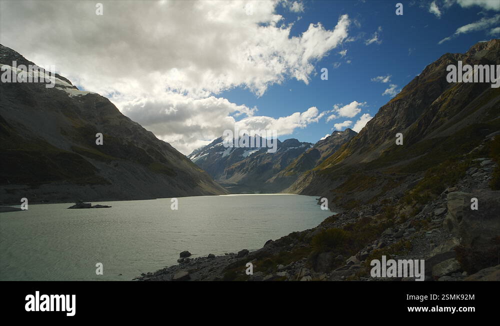 Mont Cook, Aoraki, New Zealand in the distance towers above Hooker Lake ...