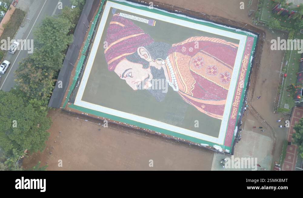 Drone shot of magnificent rangoli of Chhatrapati Shivaji Maharaj with ...
